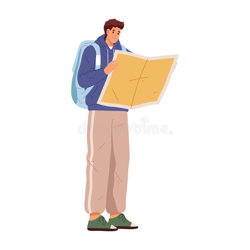 Travel Male Character with Map and Backpack Stock Vector - Illustration ...