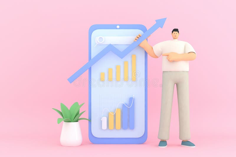 A Male Character Presentation the Infographic on Mobile Screen. 3d ...