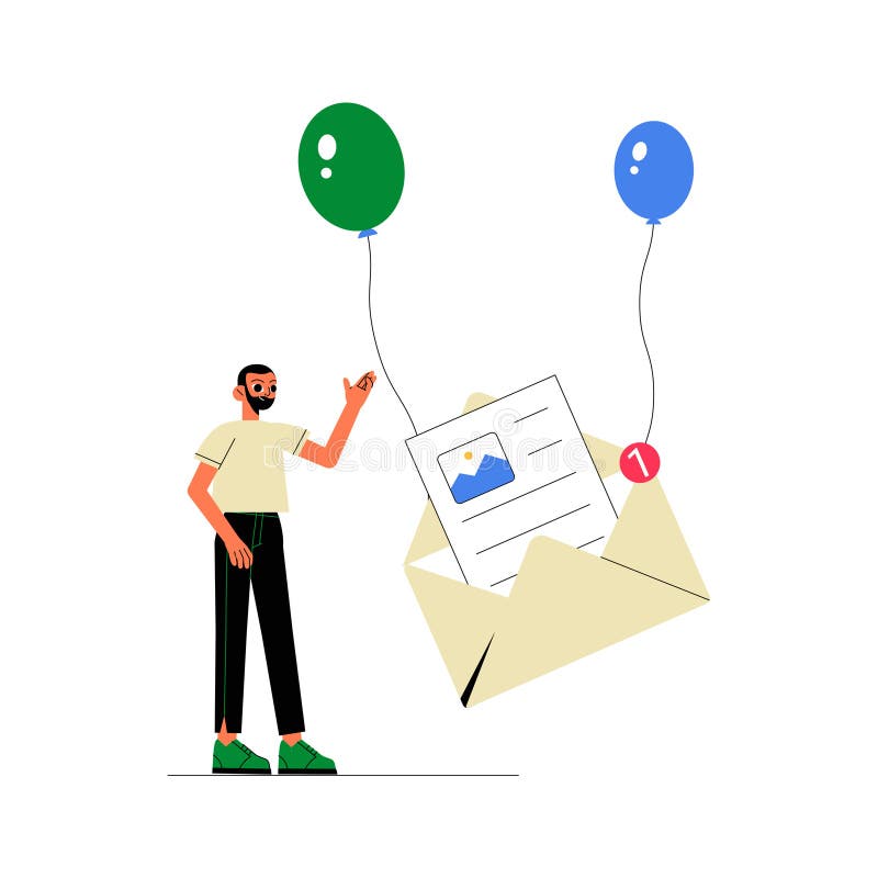 Man Holding Balloons and Email with Notification Symbol in Flat Vector ...