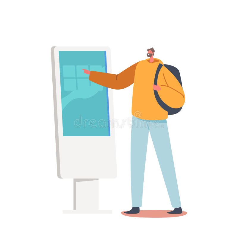 Male Character Using Info Kiosk Reading Information on Digital ...