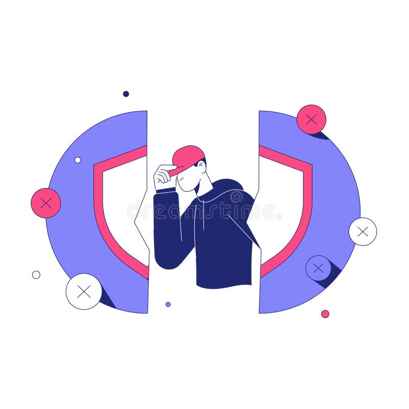 Male Character in Hoodie Standing between Split Security Shields in ...