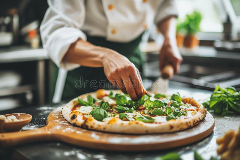 Male Chef in Apron Adding Basil To Pizza Stock Illustration ...