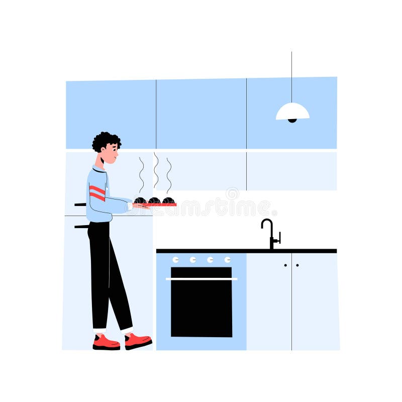 Male Chef Baking in Modern Kitchen Setting in Flat Vector Illustration ...