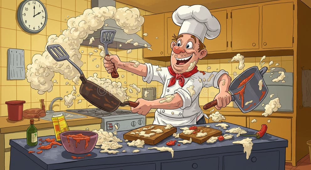 Male Chef Comically Multitasking in a Kitchen, Wearing a White Chef S ...