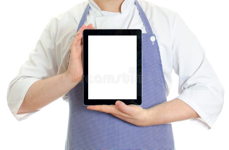 Male Chef Cook Hands Holding Tablet Pc. Stock Photo - Image of recipe ...