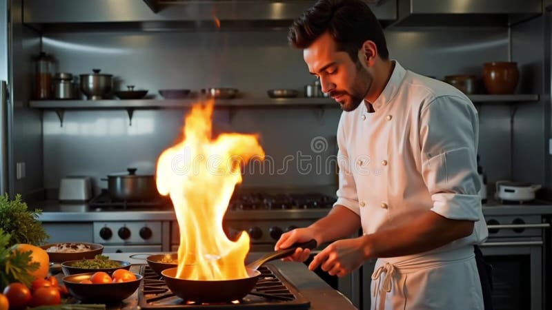 Male Chef Cooking with Fire in a Modern Kitchen Stock Video - Video of ...