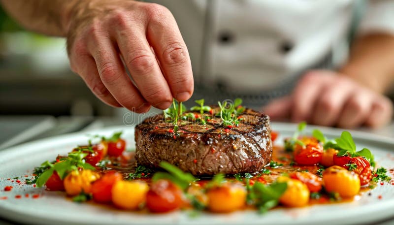 Male Chef Garnishing Gourmet Dish in Restaurant Kitchen Stock ...