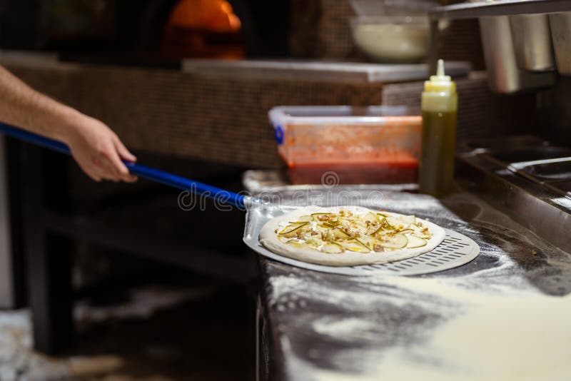 Male Chef Hands Making Pizza in the Pizzeria Kitchen Stock Image ...