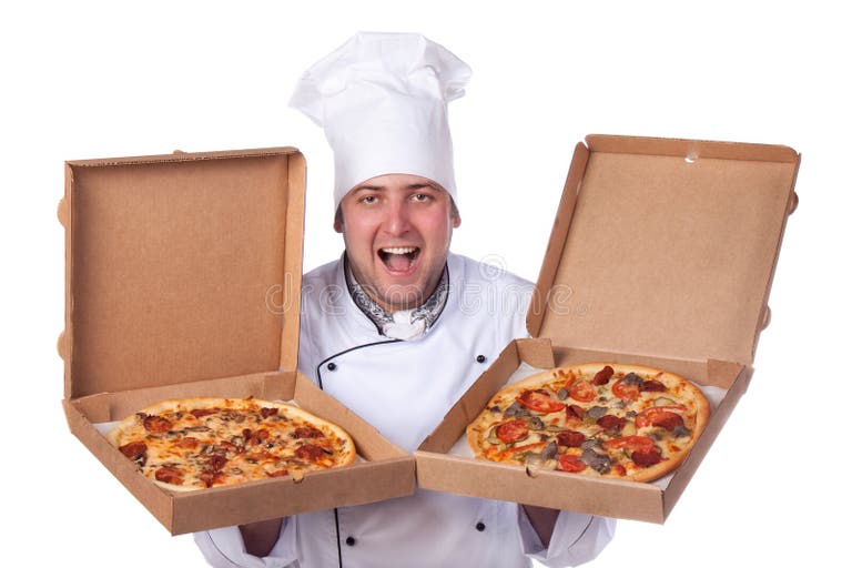 Male Chef Holding Open Two Boxes of Pizza Stock Image - Image of ...