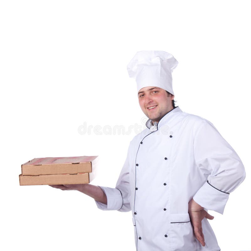Male Chef Holding Open Two Boxes of Pizza Stock Image - Image of ...