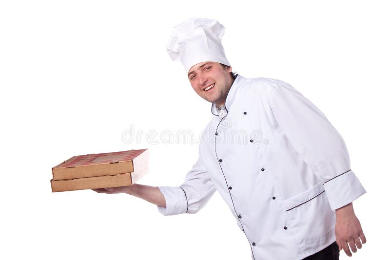 Male Chef Holding Open Two Boxes of Pizza Stock Image - Image of ...