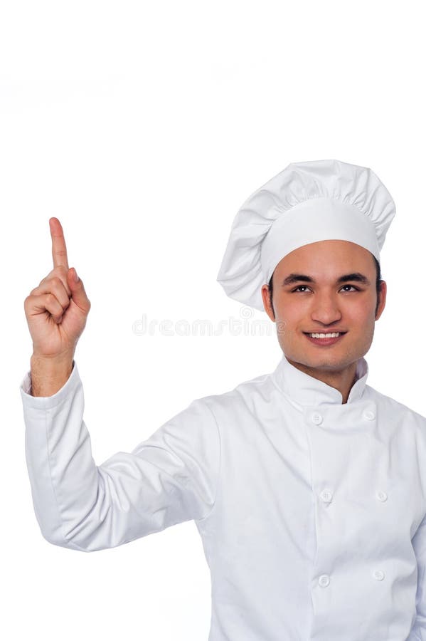 Male Chef Looking and Pointing Upwards Stock Image - Image of bake ...