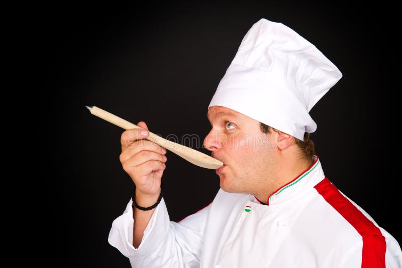Male Chef Smiling with Wood Spoon Stock Image - Image of occupation ...
