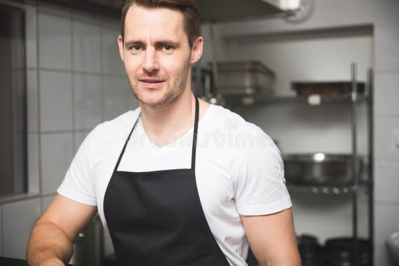 Male Chef Standing in Kitchen Stock Image - Image of looking, life ...