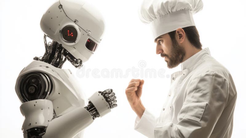 Male Chef in Standoff with Humanoid Robot in Kitchen Setting, Concept ...