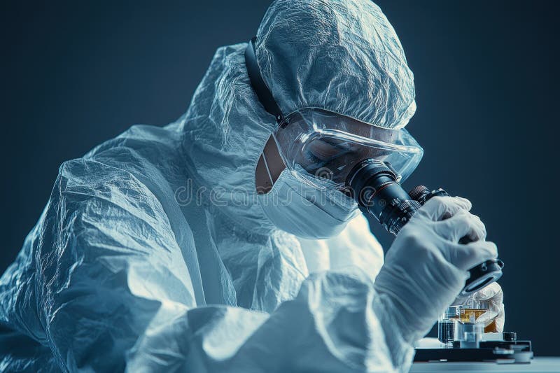 A Male Chemist in a Protective Suit Looks through a Microscope in a ...