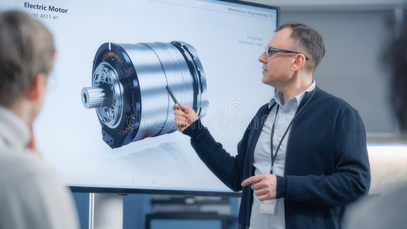 Male Chief Engineer Talks To Young Specialists about Components of the ...