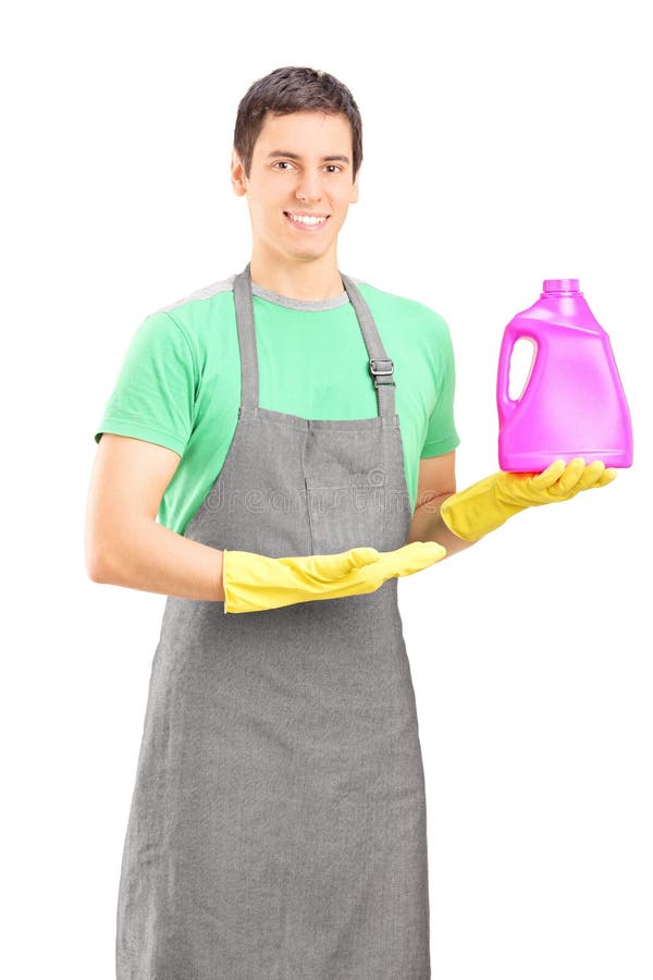 Male Cleaner Advertising a Cleaning Solution Stock Photo - Image of ...
