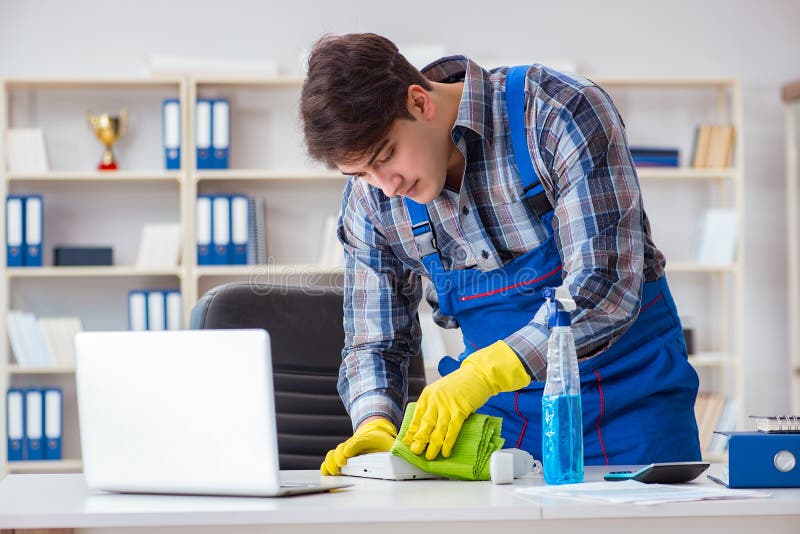 The Male Cleaner Working in the Office Stock Image - Image of computer ...