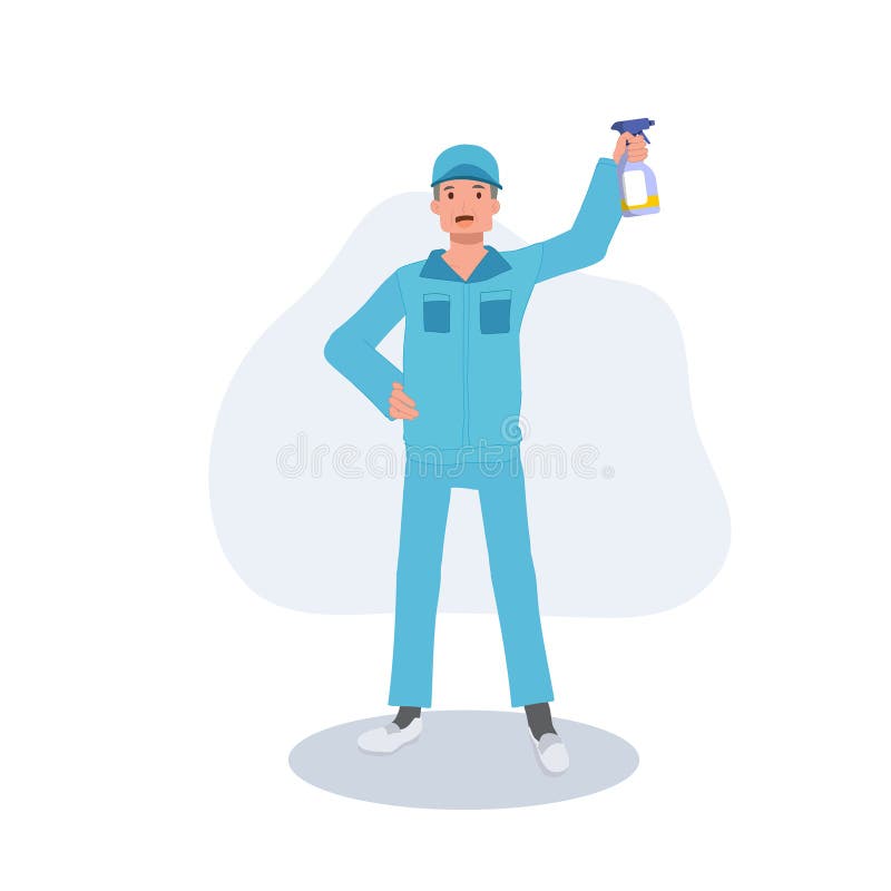 Male Cleaning Worker,Janitor in Blue Uniform Holding Cleaning Spray ...
