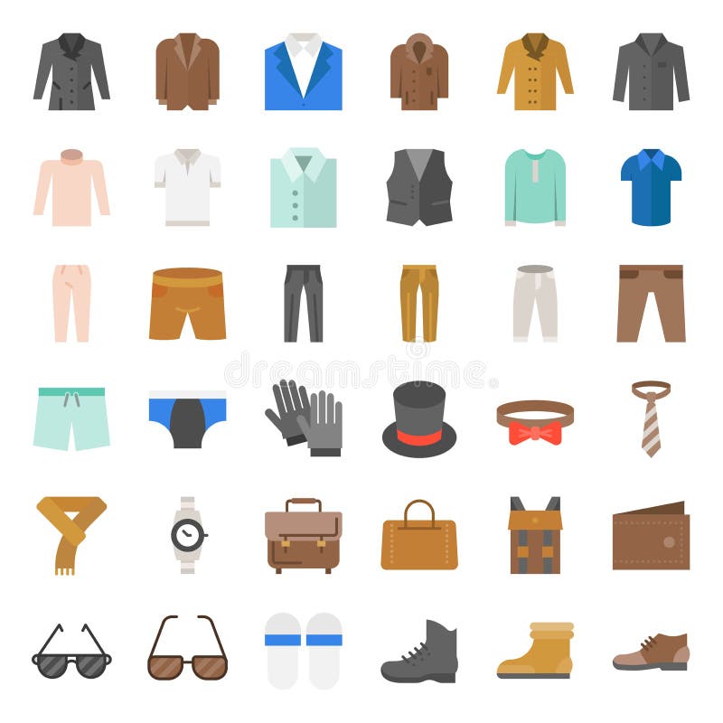 Male Clothes and Accessories Vector Icon Set 3, Flat Design Stock ...