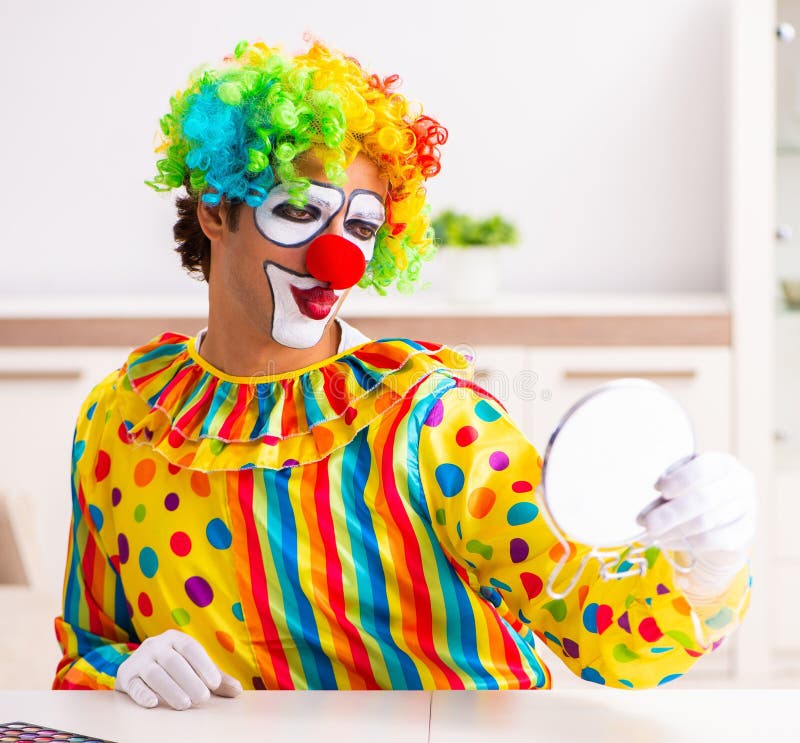 Male Clown Preparing for Perfomance at Home Stock Image - Image of ...