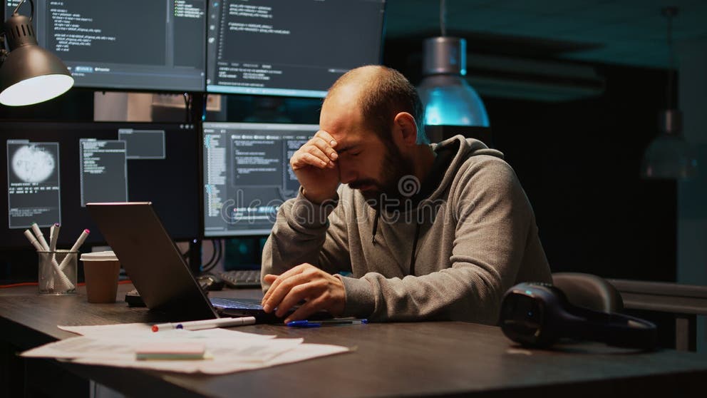 Male Coder Feeling Sleepy And Working On Programming Code Stock Image Image Of Terminal