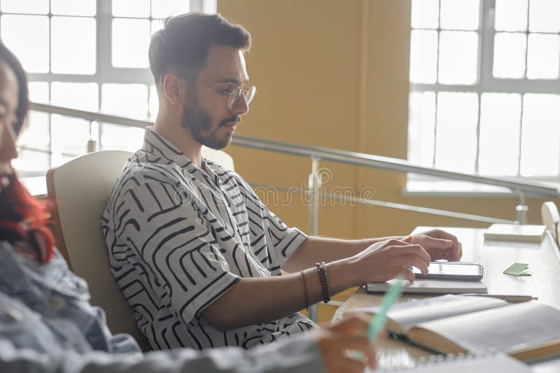 Male College Learner Surfing Internet at University Class Stock Image ...