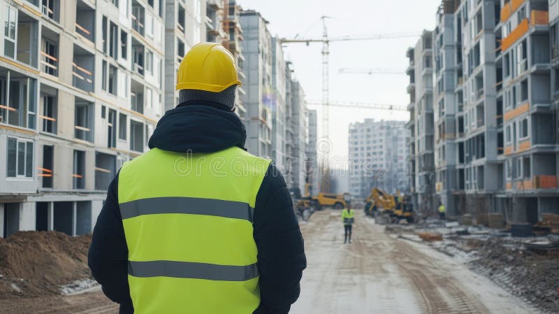 A Male Construction Engineer in Full PPE Stands and Observes the ...