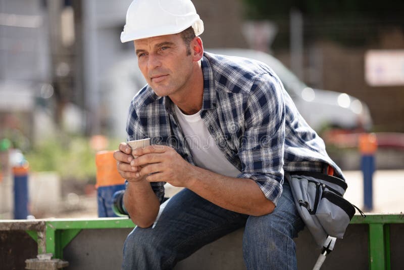 Male Construction Worker Having Break with Coffee Stock Image - Image ...