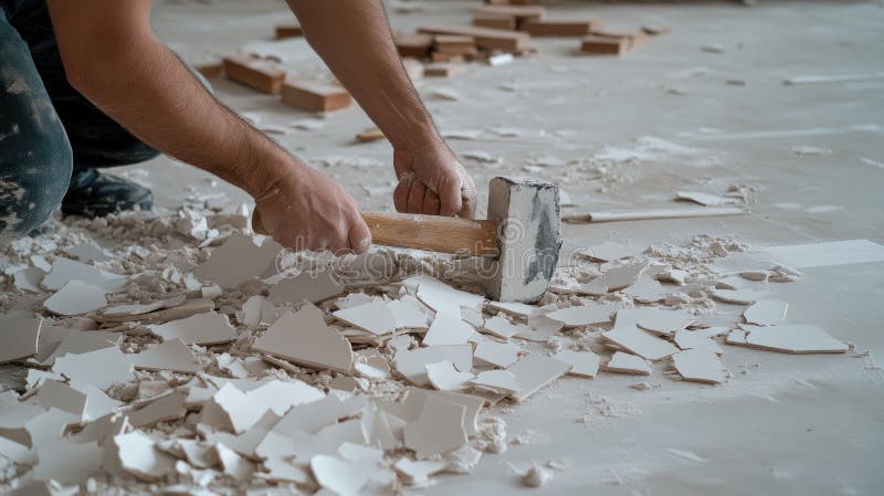 Male Construction Worker is Using a Sledgehammer To Remove Broken Tiles ...