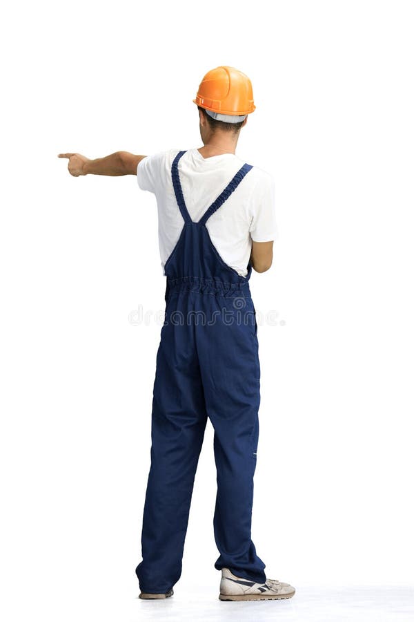A Male Construction Worker, on a White Background, Full-length, Points ...