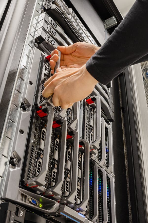Male it Consultant Removing Blade Server from Rack in Datacenter Stock ...