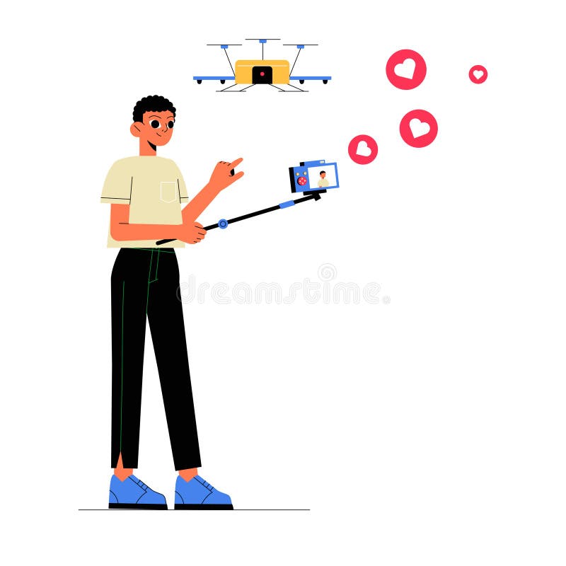 Male Content Creator Filming with Drone in Flat Vector Illustration ...