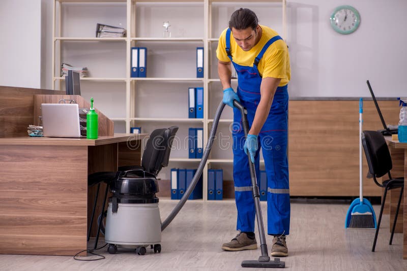 Young Male Contractor Cleaning the Office Stock Image - Image of dust ...