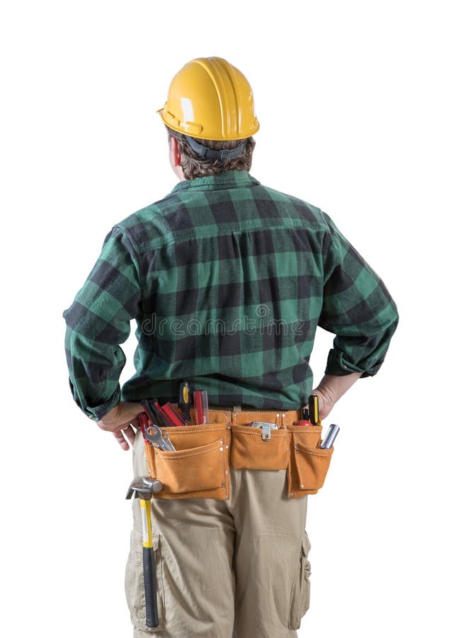 Male Contractor with Hard Hat and Tool Belt Looking Away Isolate Stock ...