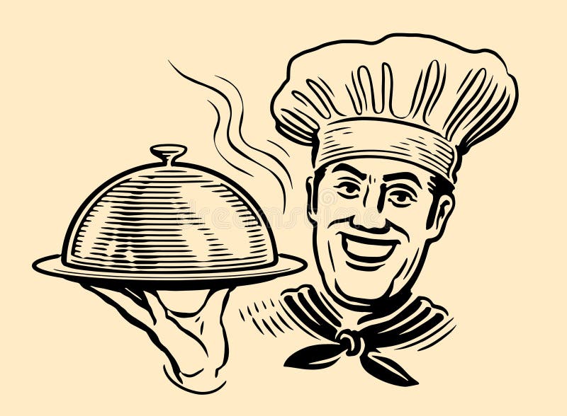 Happy Chef with Tray. Male Cook in Hat with Cloche in Hand. Vector ... Happy Chef with Tray. Male Cook in Hat with Cloche in Hand. Vector ...