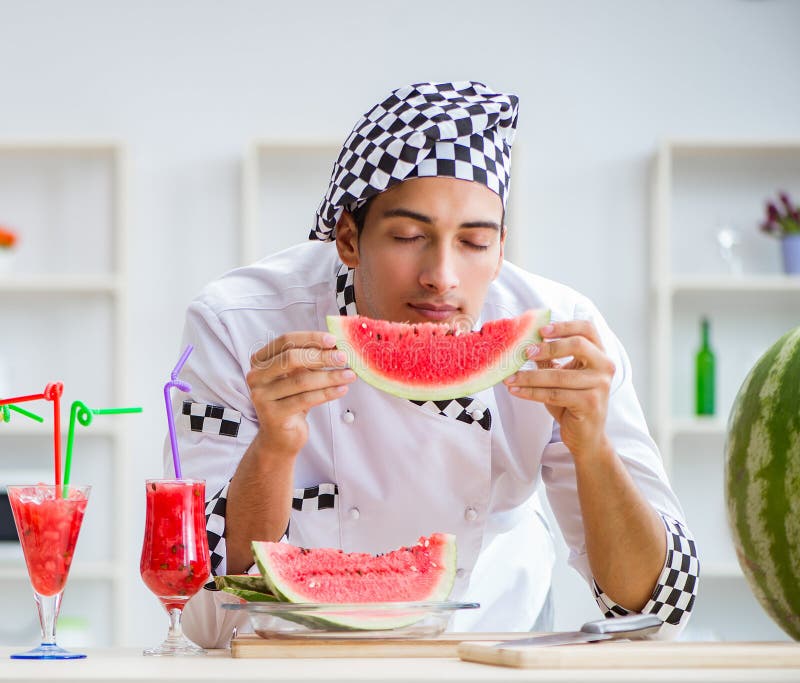 Male Cook with Watermelon in Kitchen Stock Image - Image of organic ...