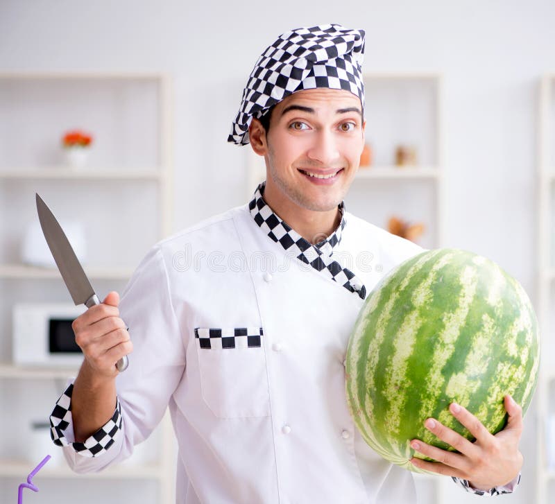 Male Cook with Watermelon in Kitchen Stock Photo - Image of happy ...