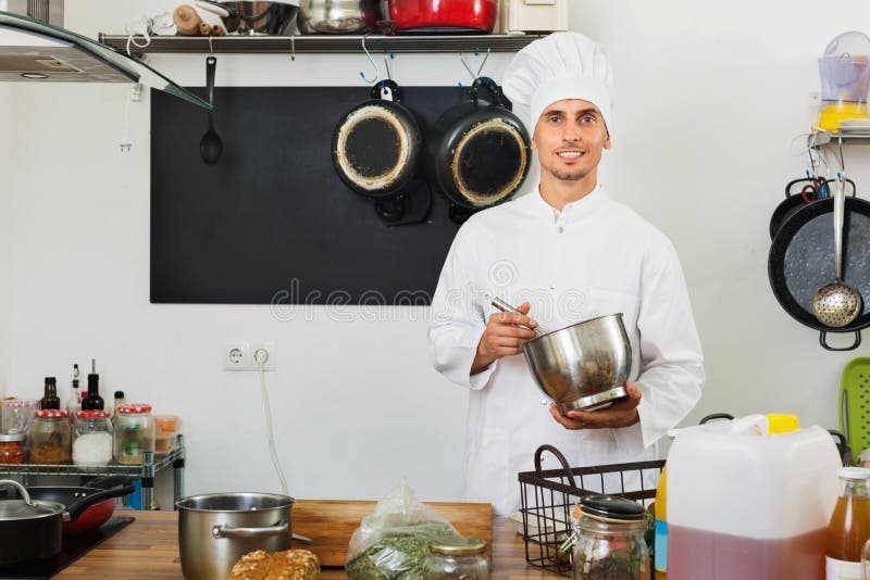 Male Cook Wearing Uniform Working on Kitchen Stock Image - Image of ...