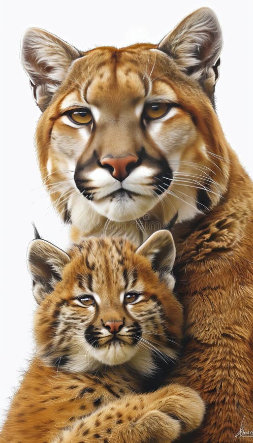 Male Cougar and Cub Portrait with a Spacious Area on the Left Ideal for ...