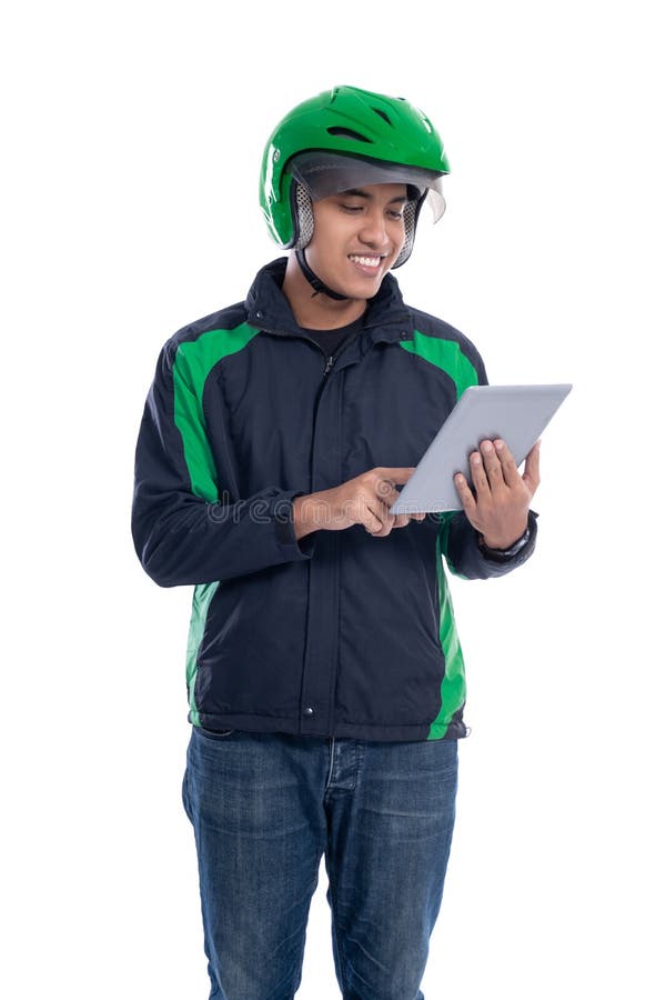 Courier Driver in Uniform Making Notes in Document and Delivery White ...