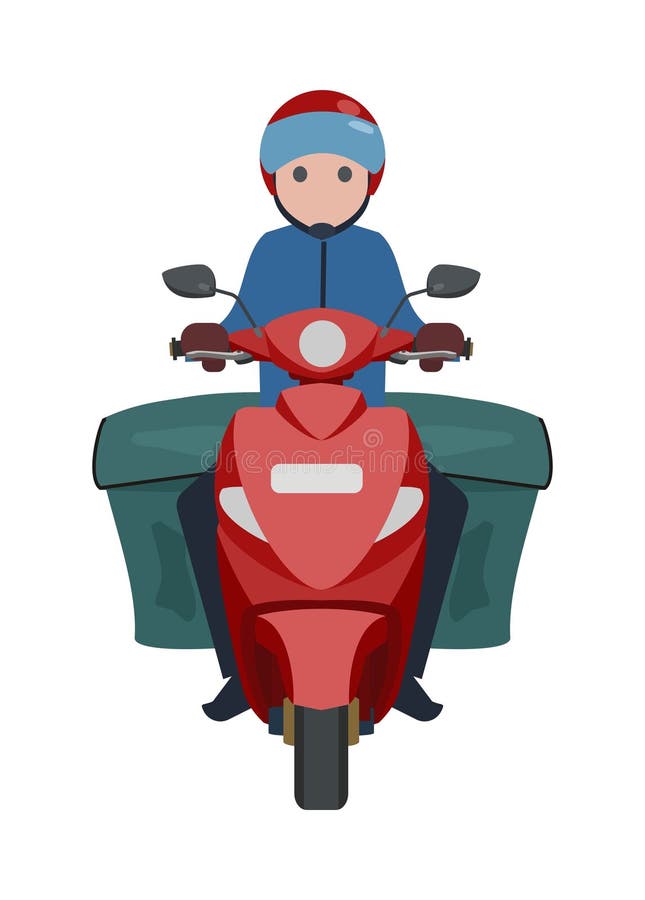 Male Courier Riding Automatic Motorcycle with Side Bag. Front View ...