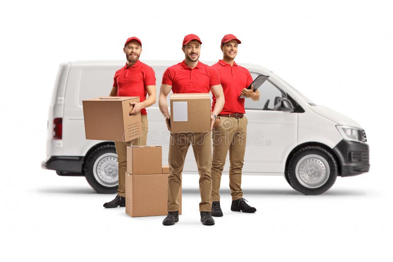 Male Couriers with Cardboard Boxes Standing in Front of a White Van ...