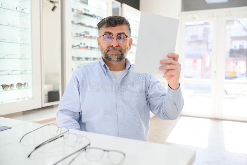 Male Customer Choosing Glasses in Optics Store Stock Image - Image of ...