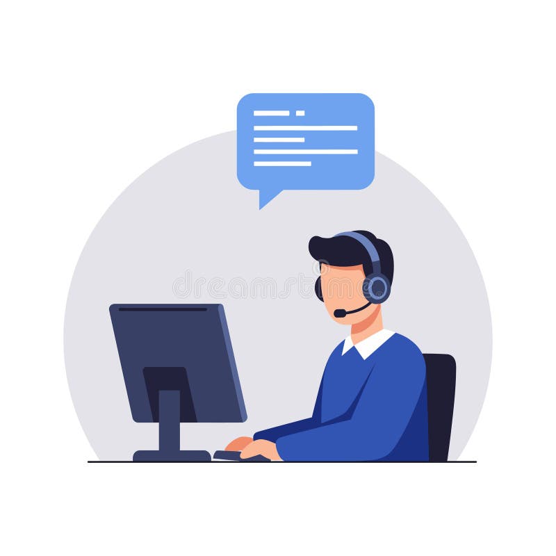 Male Customer Support Agent with Headset Working on Computer in Flat ...