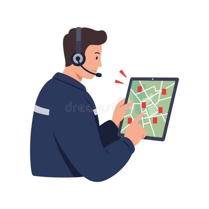 Male Customer Support Agent Using Digital Tablet with Headset Flat ...