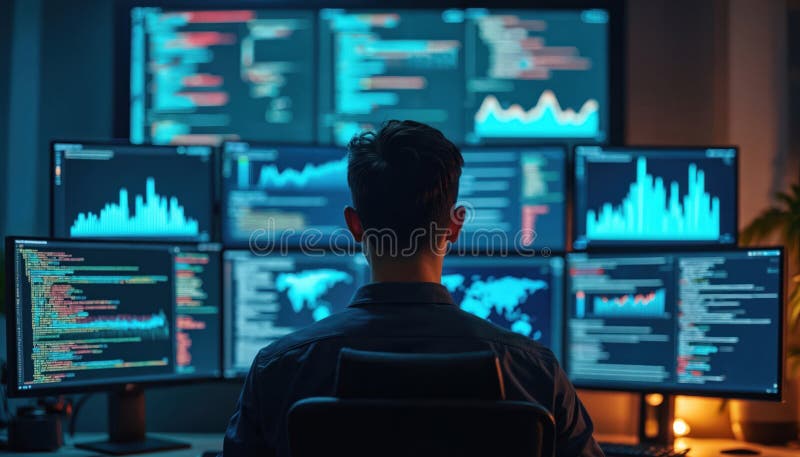 Male Cybersecurity Analyst Monitors Digital Assets on Multiple Screens ...