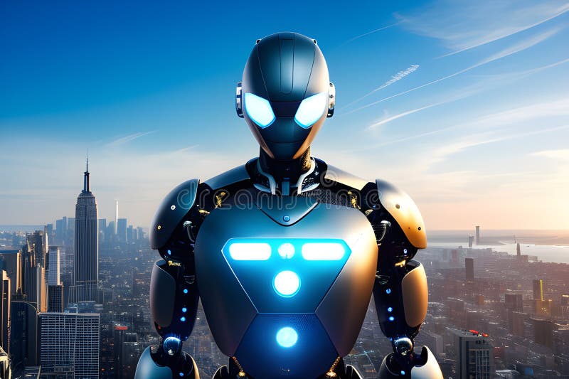 Male Cyborg on a City Background with Blue Sky. Stock Illustration ...