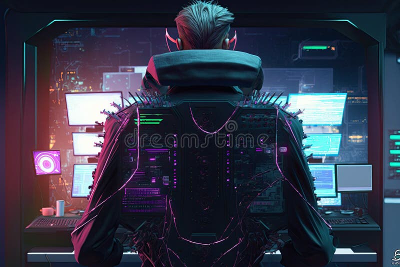 Male Cyborg Hacker Hacks into a Computer with a Database. the Concept ... Male Cyborg Hacker Hacks into a Computer with a Database. the Concept ...